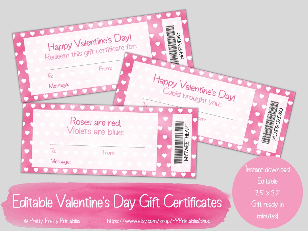 Valentine's Day Gift Certificate Watercolor Pink Hearts - Printable ...