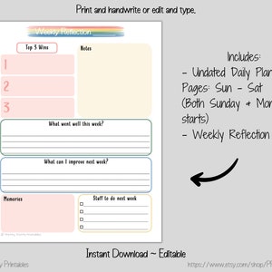 Undated Daily Planner Pages + Weekly Reflection - Editable & Printable ...