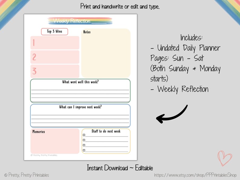 Undated Daily Planner Pages + Weekly Reflection - Editable & Printable ...