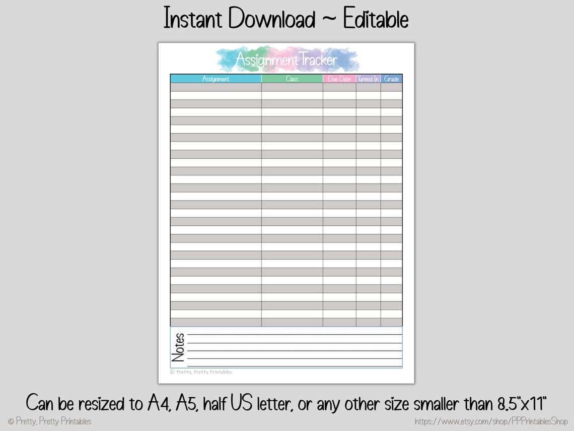 School Assignment Tracker - Printable & Editable - College Assignment ...
