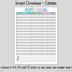 School Assignment Tracker - Printable & Editable - College Assignment ...