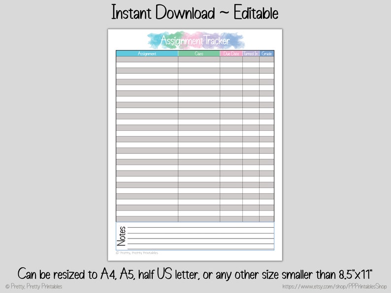 School Assignment Tracker - Printable & Editable - College Assignment ...