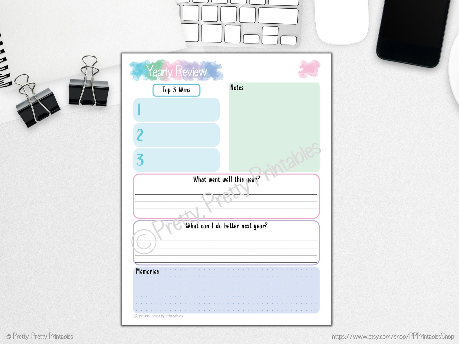 Undated Annual Review & Planner Pages Printable Editable Watercolor ...