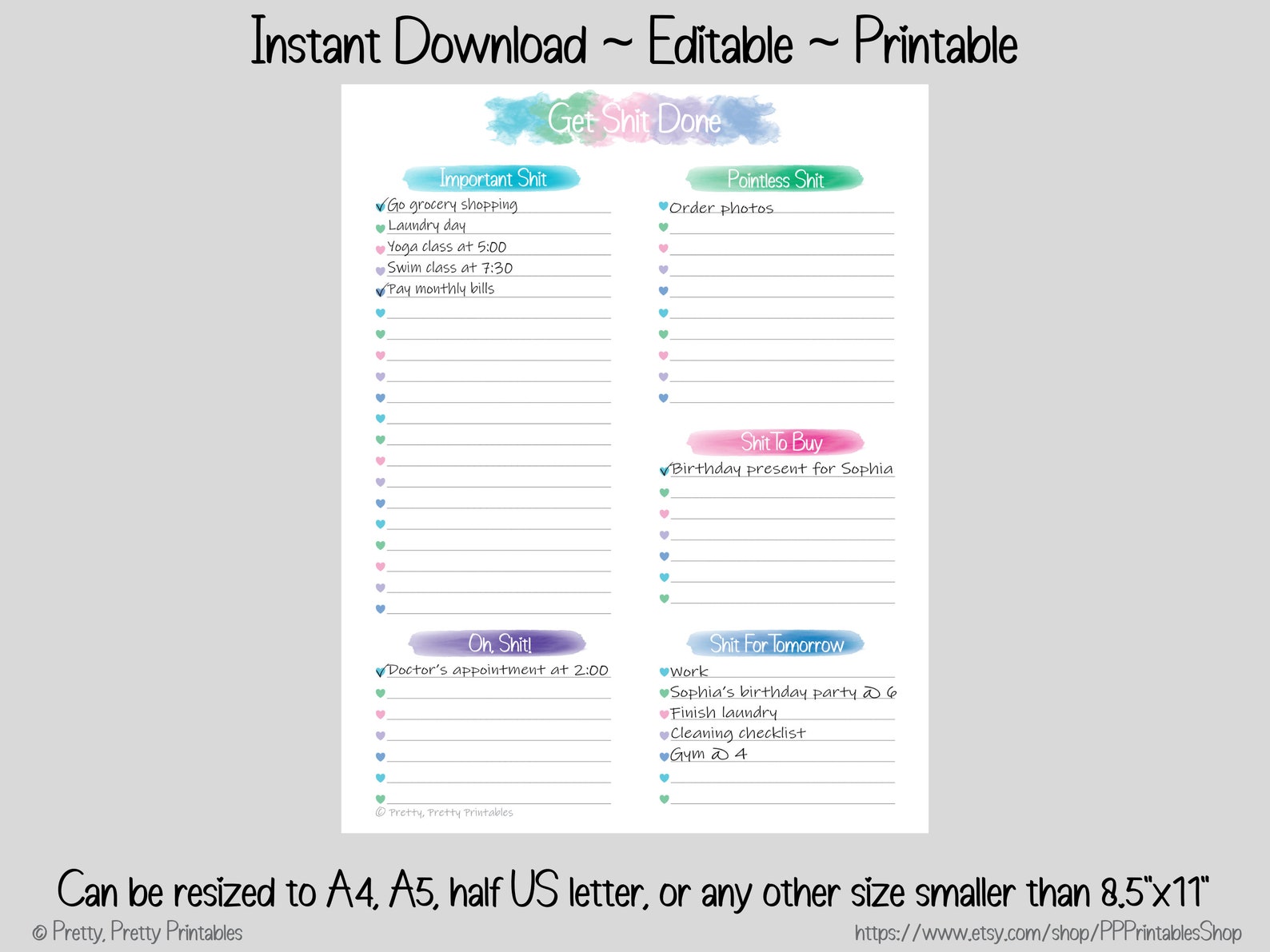 Sweary to Do List - Printable & Editable - Shit to Do List - Watercolor ...