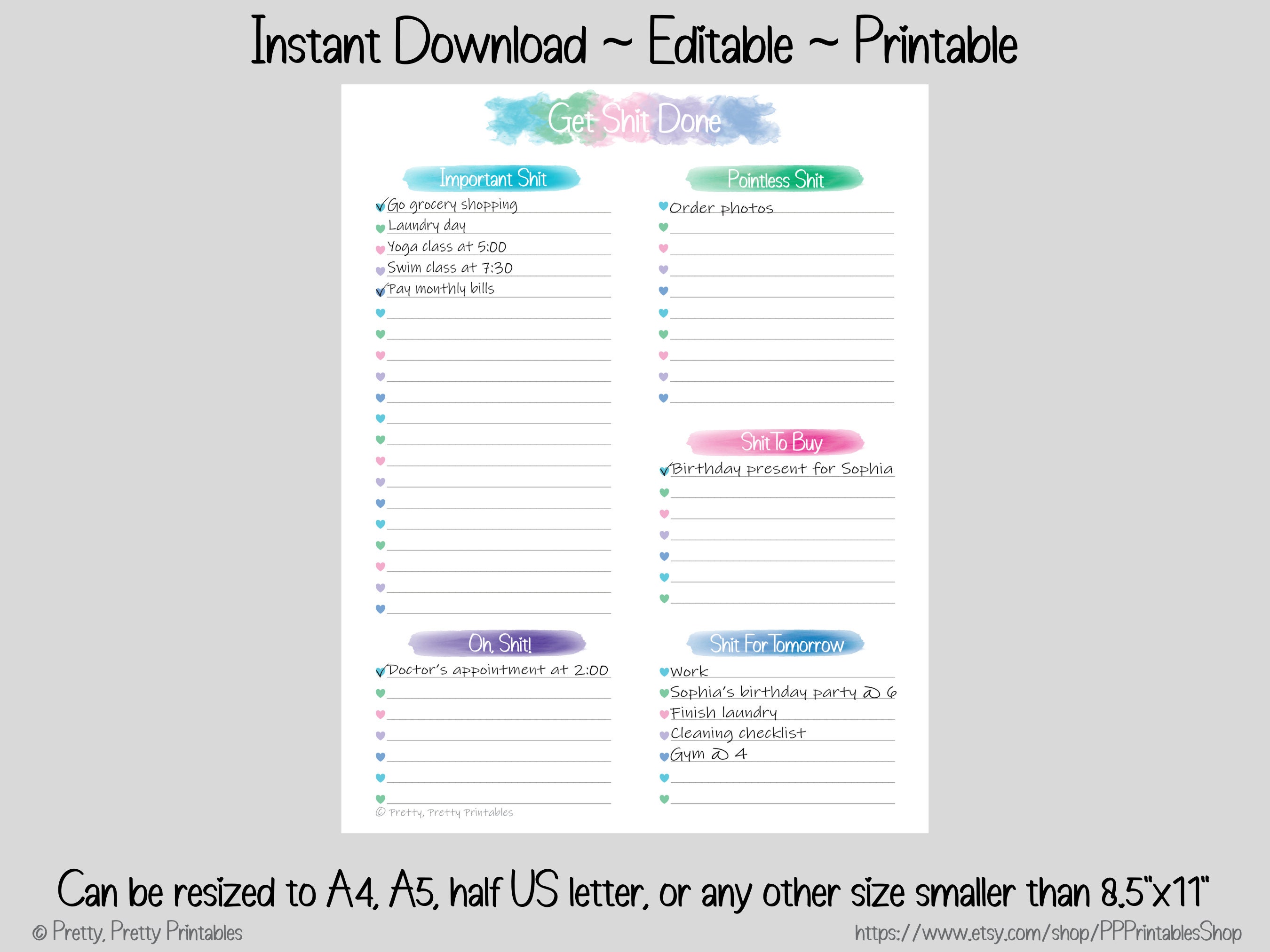 Sweary to Do List - Printable & Editable - Shit to Do List - Watercolor ...
