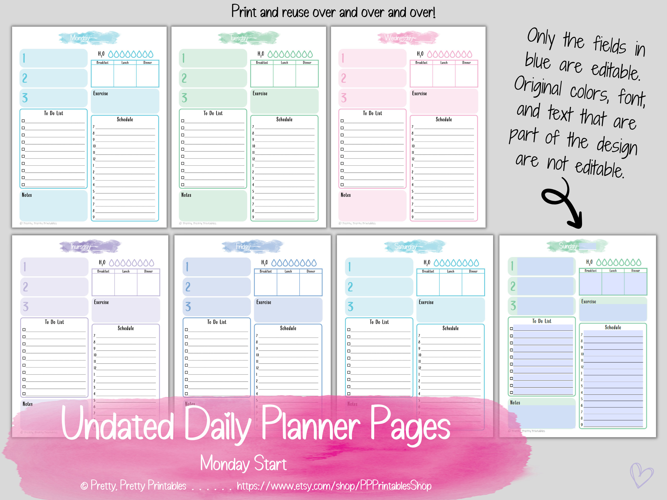 Undated Daily Planner Pages + Weekly Reflection - Editable & Printable ...