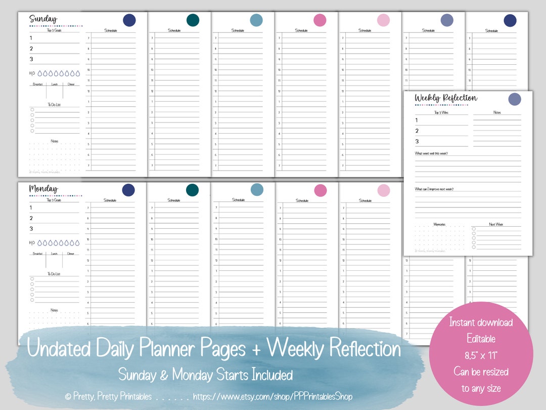 Undated Daily Planner Pages + Weekly Reflection - Polka Dot Minimalist ...