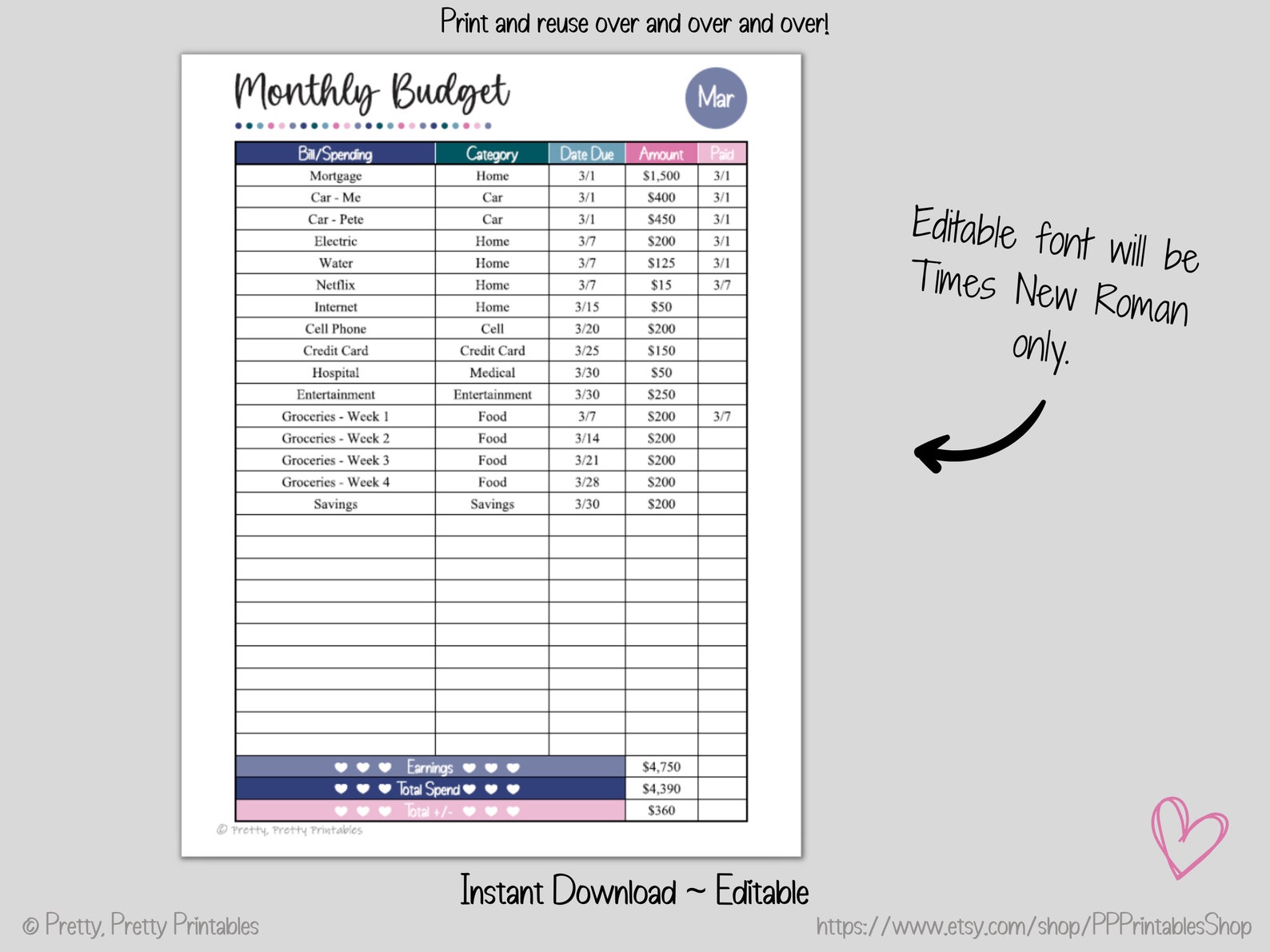 Monthly Bill + Budget Tracker Bundle - Minimalist Polka Dot - Editable ...