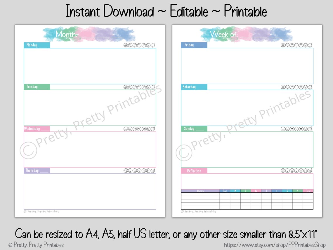 Undated Weekly Planner Pages Editable & Printable 2 Styles Watercolor ...