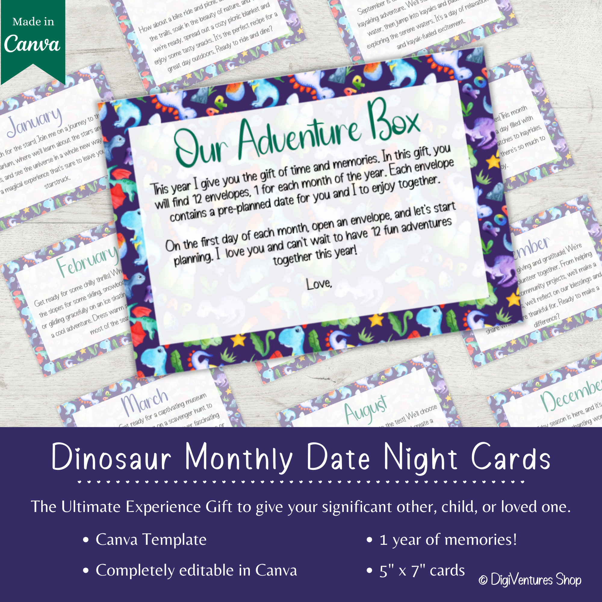 Dinosaur Monthly Date Night Cards | Adventure Box | 12 Months of Dates ...