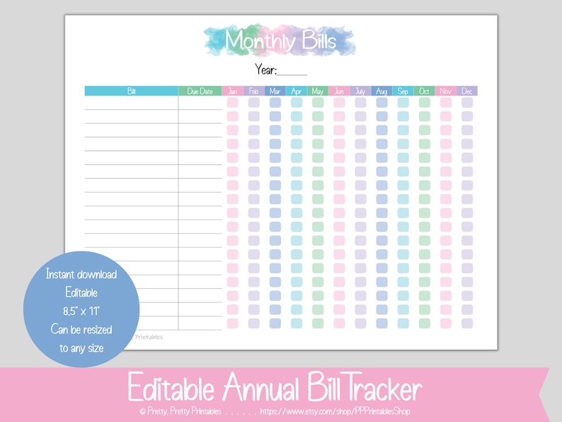 Annual Bill Tracker - Editable & Printable - Pastel Rainbow ...