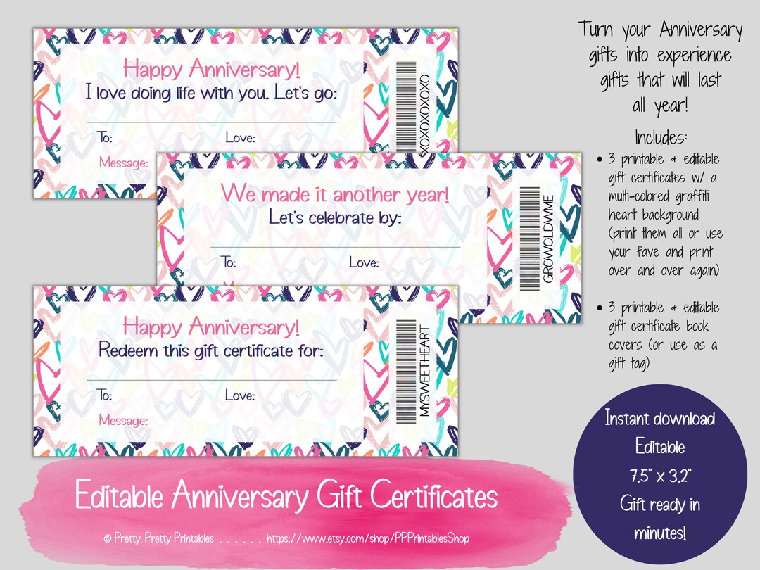 Anniversary Gift Certificate Template Graffiti Hearts - Etsy