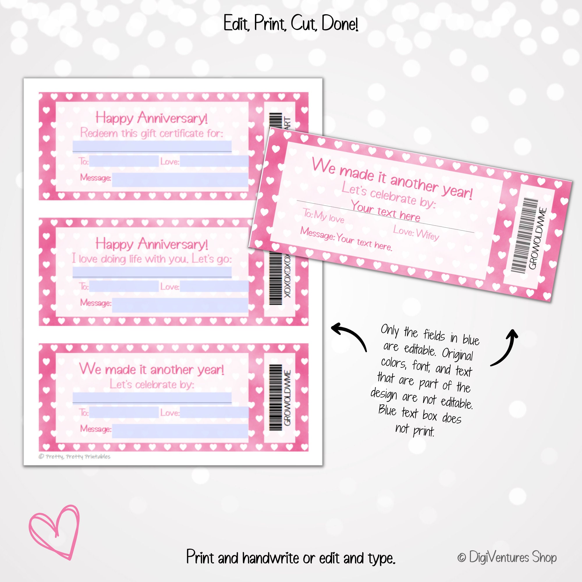 Anniversary Gift Certificate Template | Pink Watercolor Heart ...