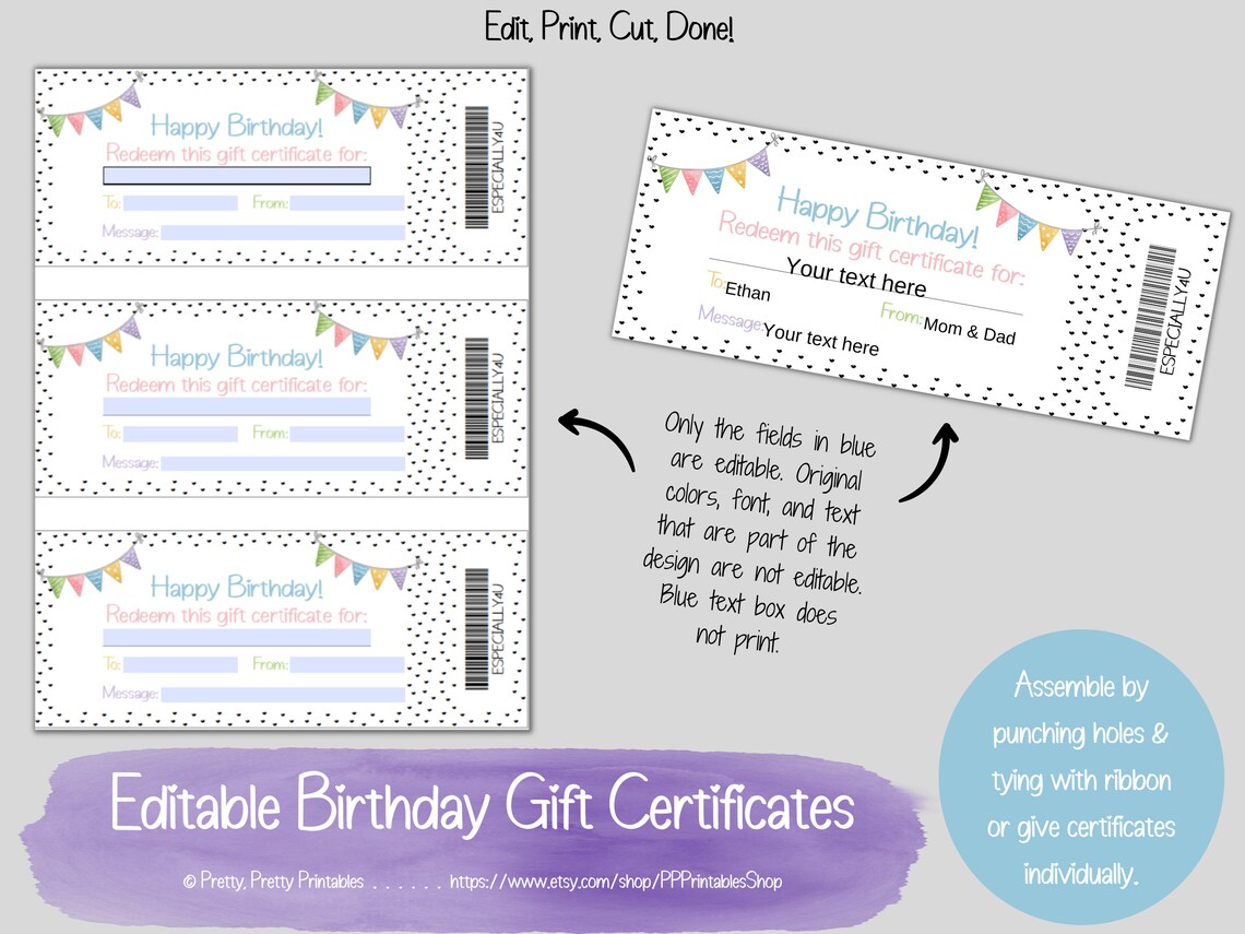 Birthday Gift Certificate Template Printable & Editable - Etsy