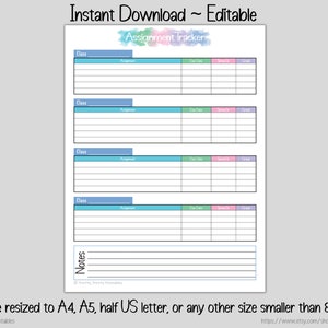 School Assignment Tracker - Printable & Editable - College Assignment ...