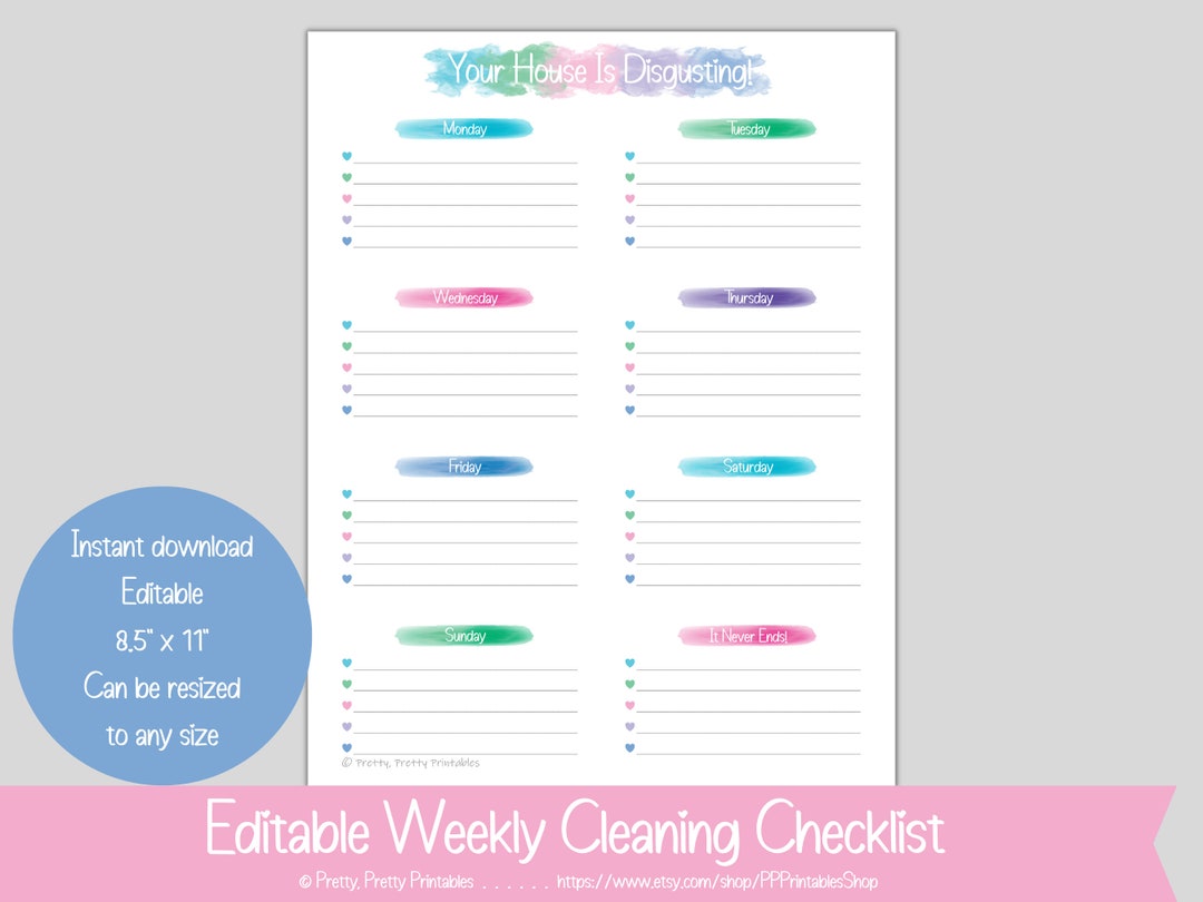 Funny Weekly Cleaning Checklist - Editable & Printable - Pastel Rainbow ...