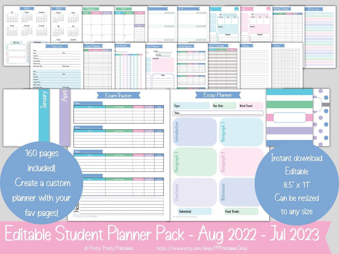 2022-2023 Student Planner Pack Printable & Editable - Etsy