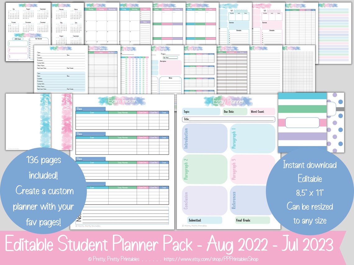 2022-2023 Student Planner Pack Printable & Editable - Etsy