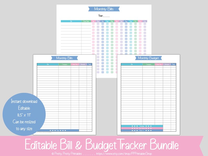 Monthly Bill + Budget Tracker Bundle - Editable & Printable - Pastel ...