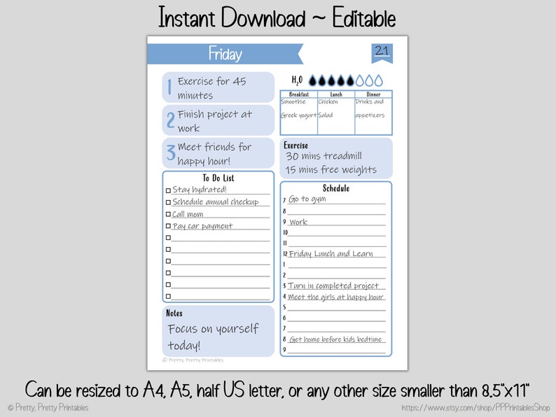 Undated Daily Planner Pages + Weekly Reflection - Editable & Printable ...