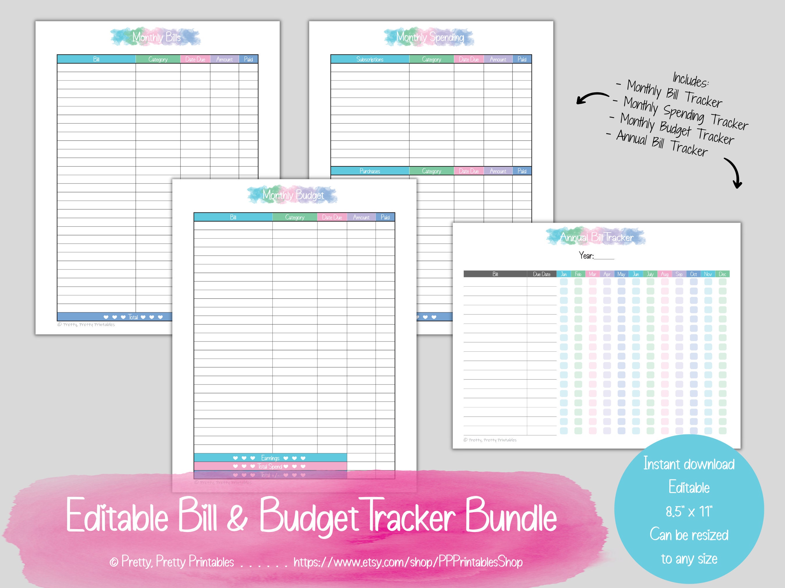 Monthly Bill + Budget Tracker Bundle - Editable & Printable - Pastel ...