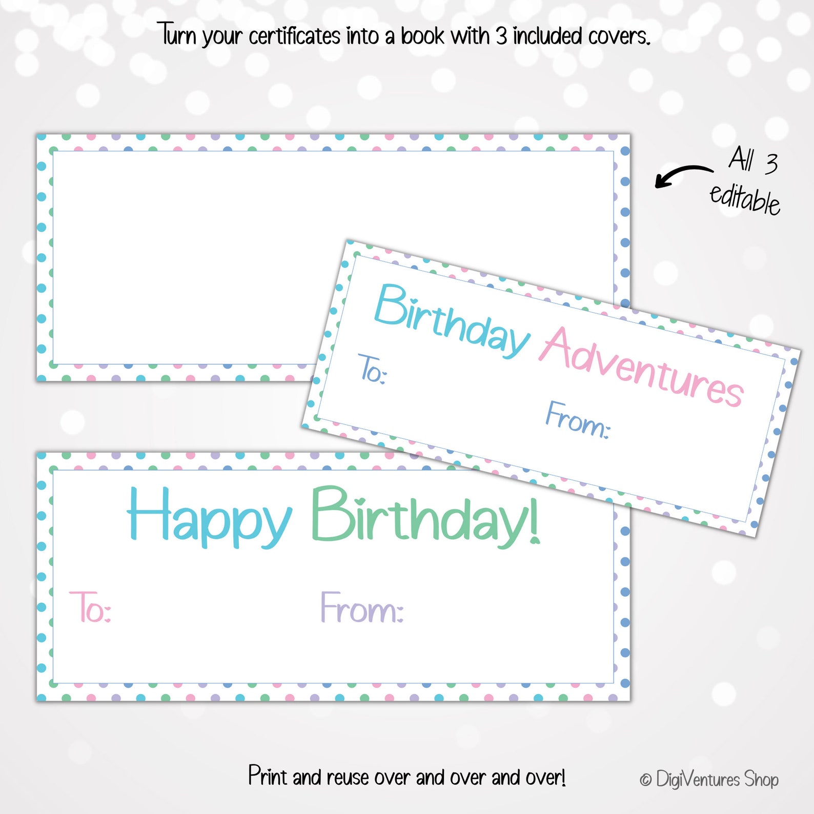 Birthday Gift Certificate Template Printable & Editable Rainbow Polka ...
