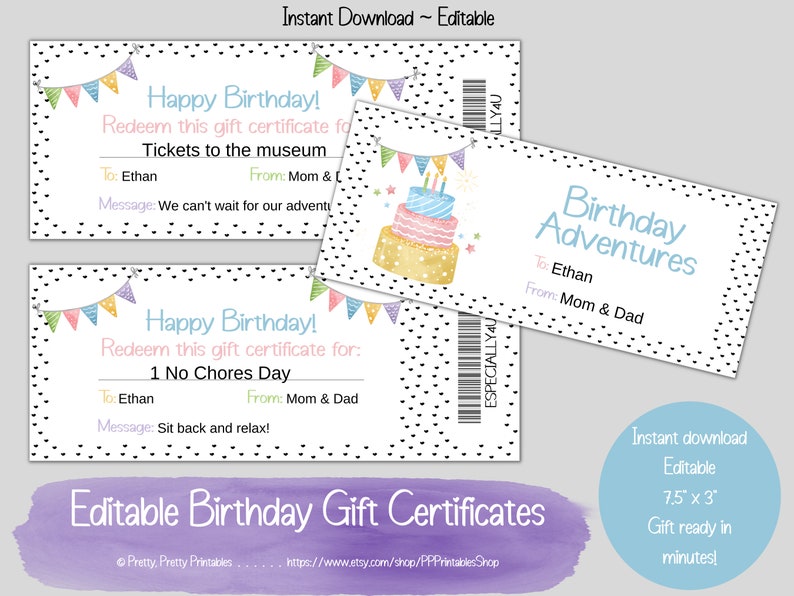 Birthday Gift Certificate Template Printable & Editable - Etsy