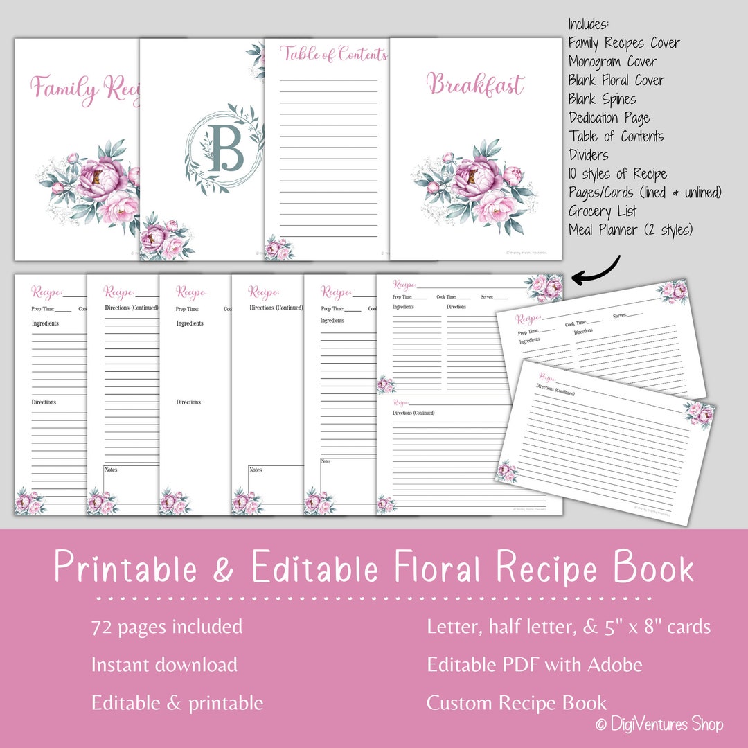 Recipe Book Template | Printable & Editable | Custom Recipe Book ...