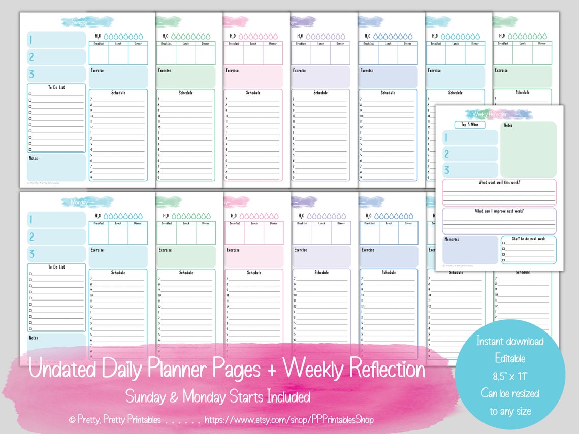 Undated Daily Planner Pages Weekly Reflection Editable & - Etsy