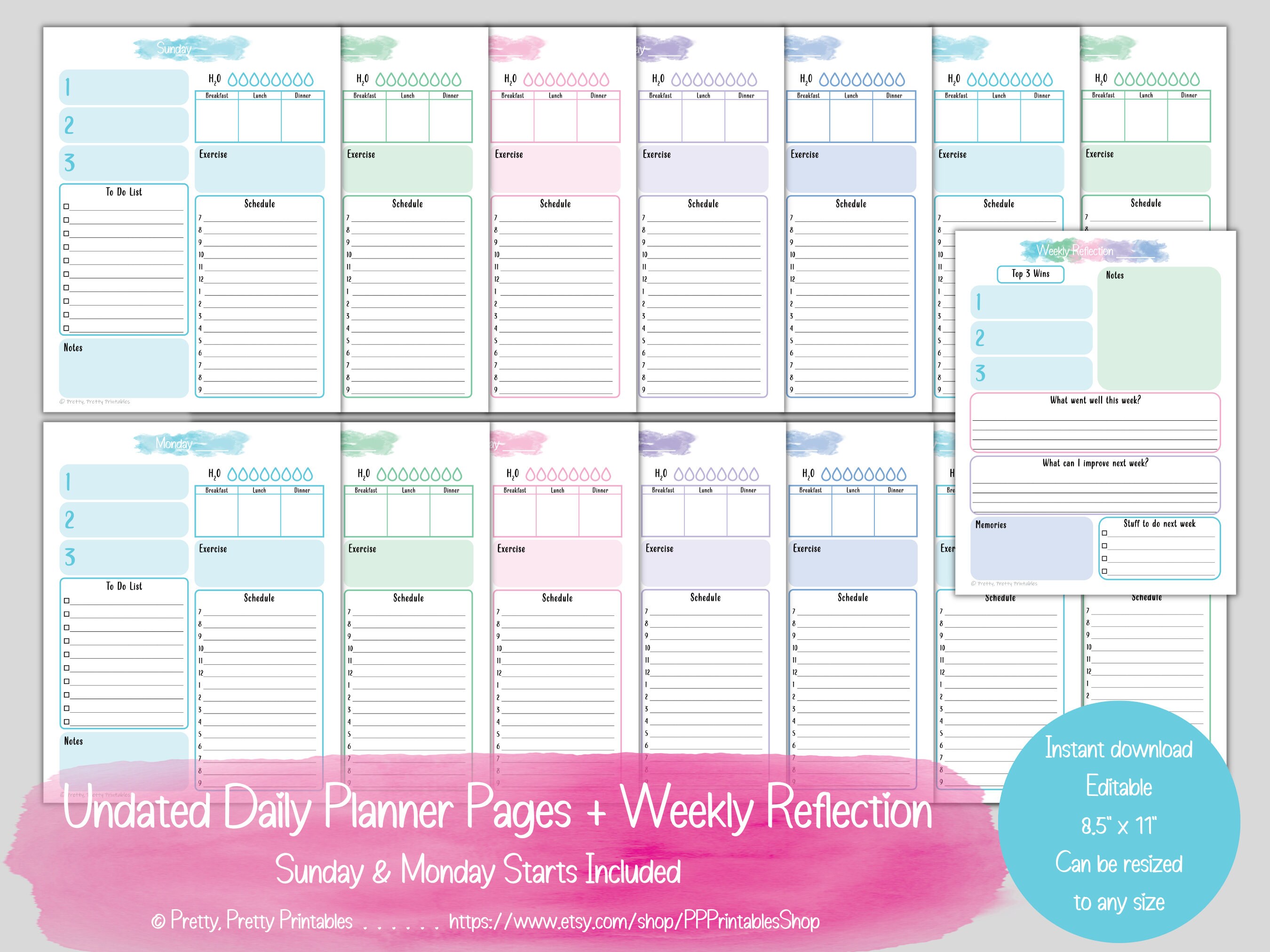 Undated Daily Planner Pages + Weekly Reflection - Editable & Printable ...