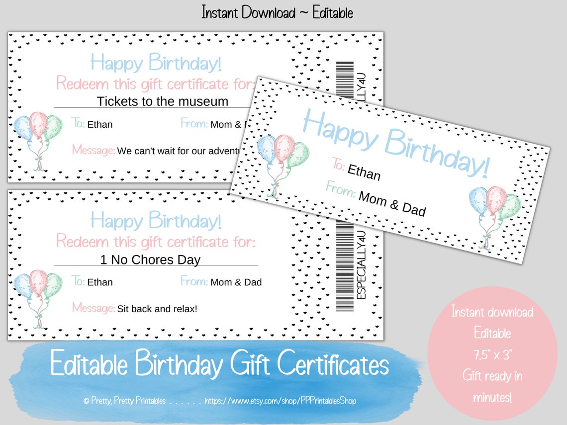 Birthday Gift Certificate Template printable & Editable - Etsy