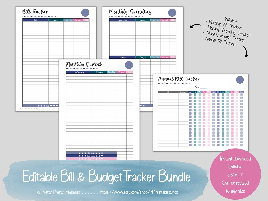 Monthly Bill + Budget Tracker Bundle - Minimalist Polka Dot - Editable ...
