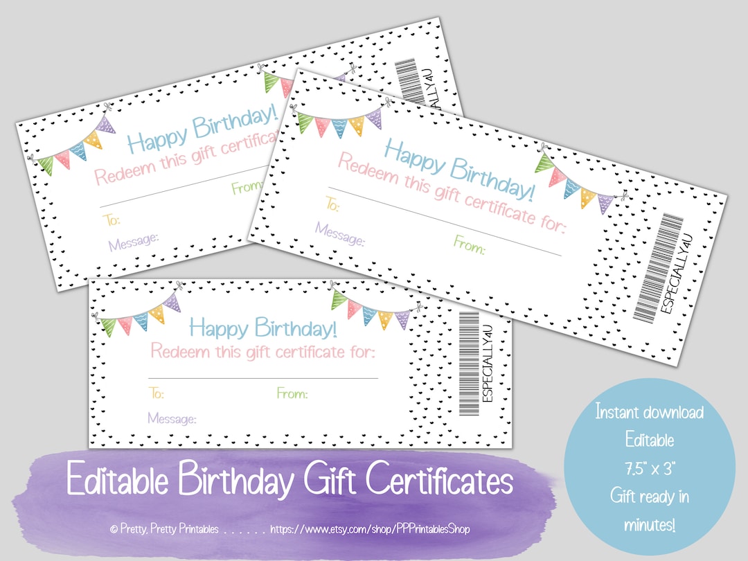 Birthday Gift Certificate Template Printable & Editable - Etsy