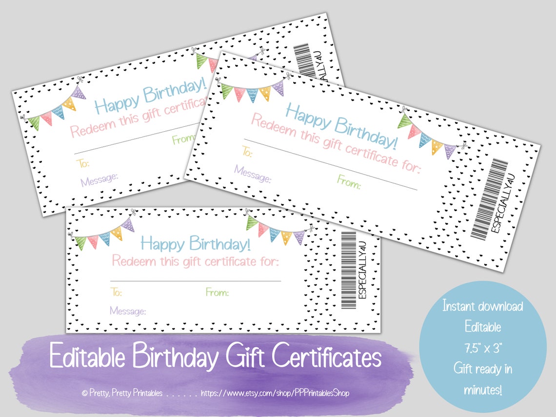 Birthday Gift Certificate Template Printable & Editable - Etsy