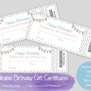 Birthday Gift Certificate Template Printable & Editable - Etsy