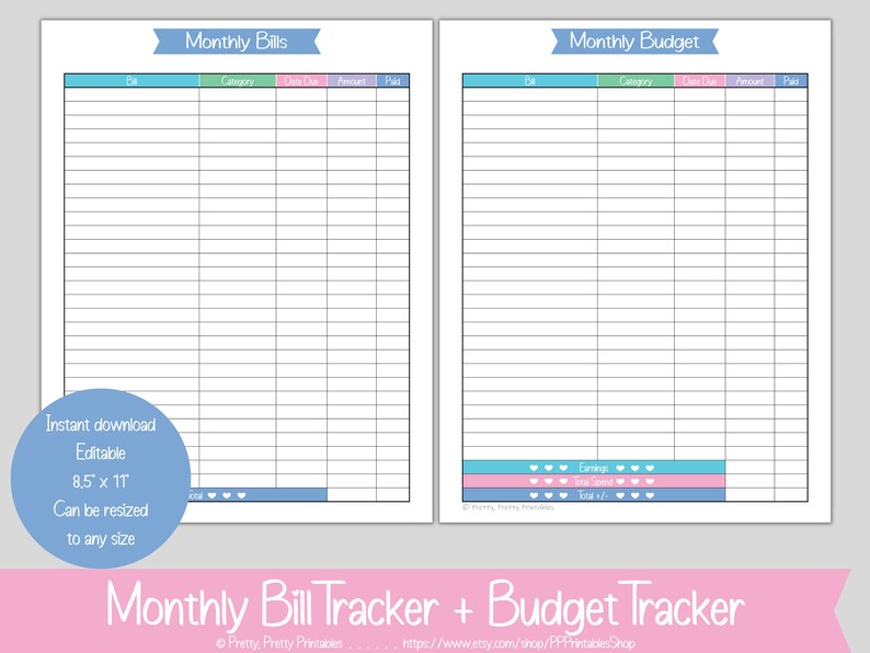 Monthly Bill + Budget Tracker Bundle - Editable & Printable - Pastel ...