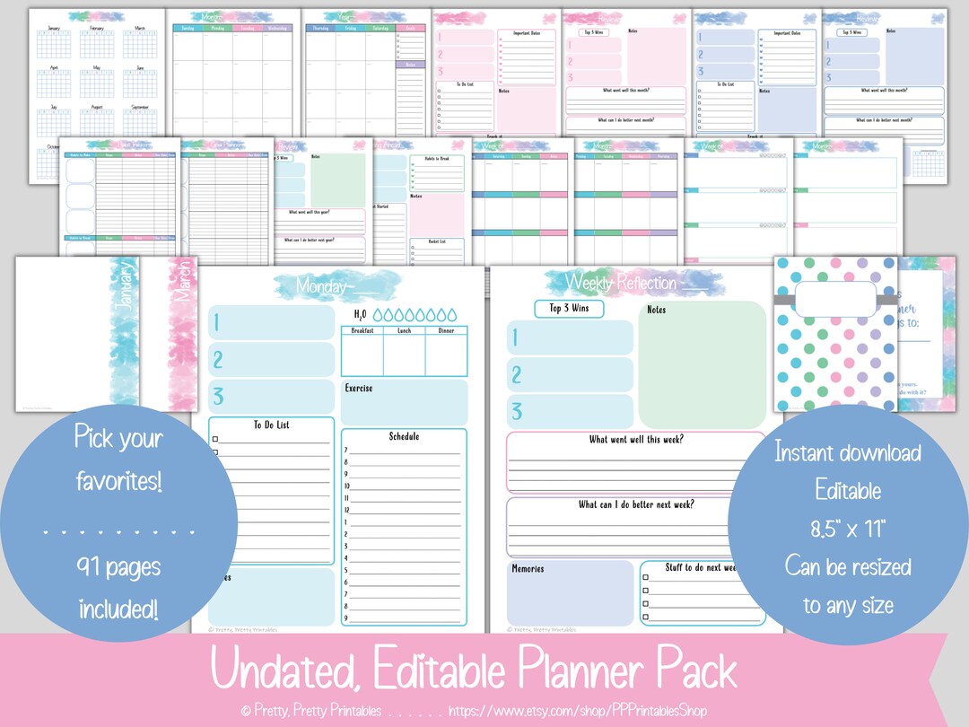 Undated Planner Pack - Printable & Editable - Annual-monthly-weekly ...