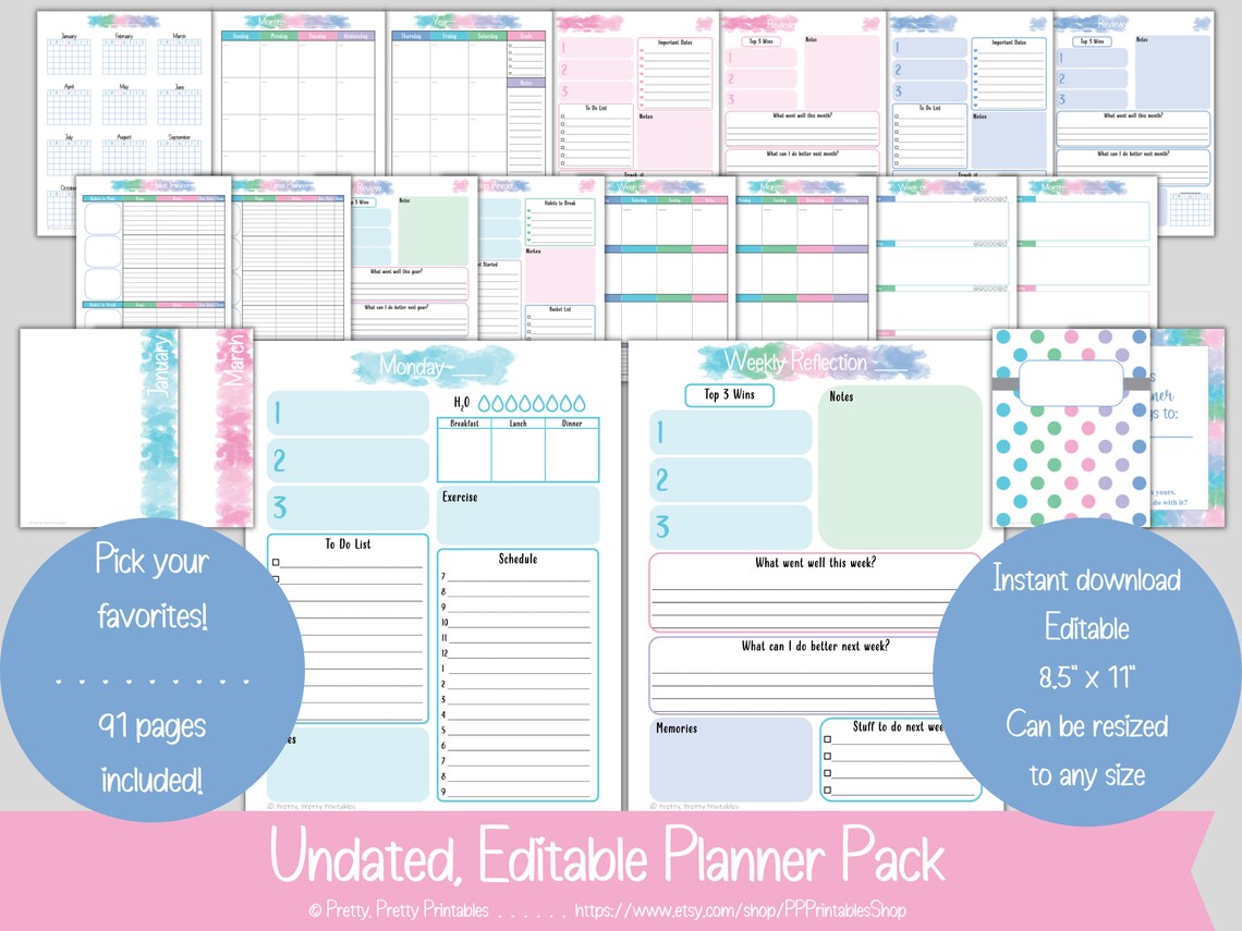 Undated Planner Pack Printable & Editable Annual-monthly-weekly-daily ...