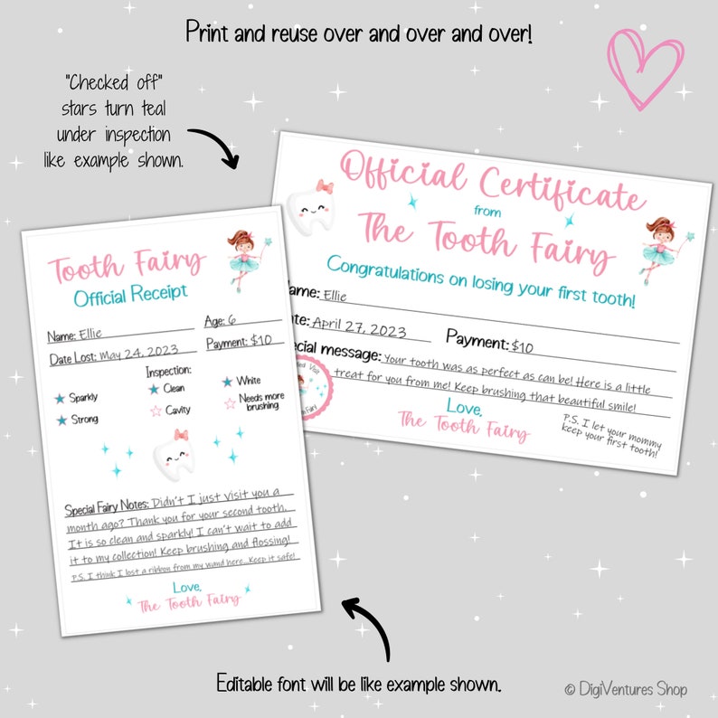 Tooth Fairy Certificate & Receipt | Printable + Editable | DIY | First ...