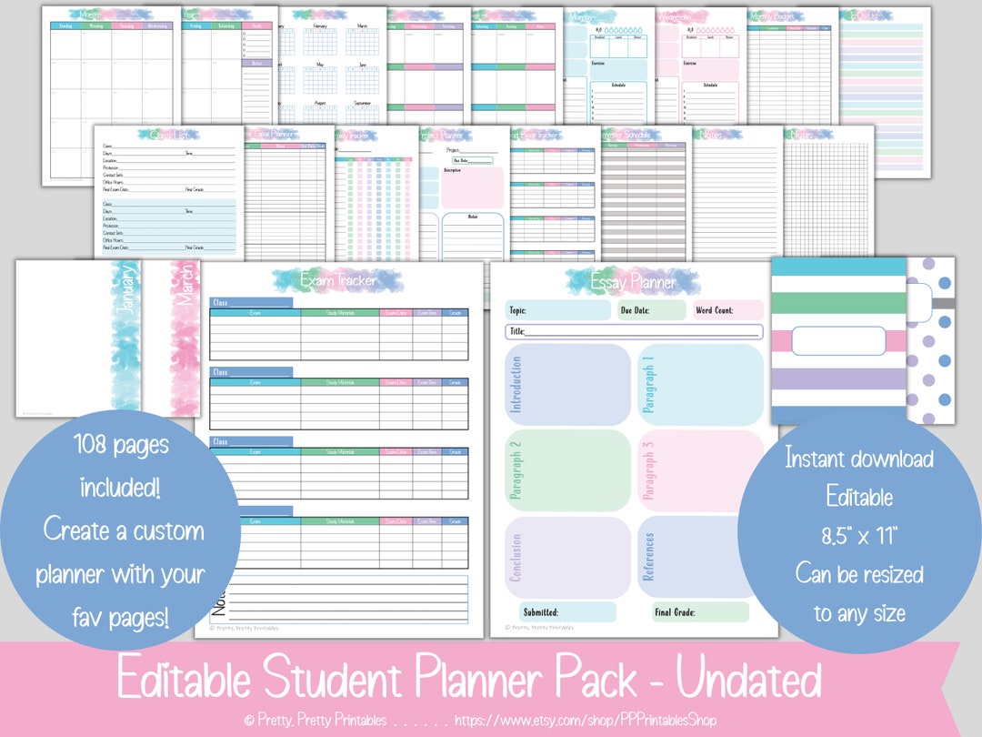 Undated Student Planner Pack - Printable & Editable - Annual-monthly ...