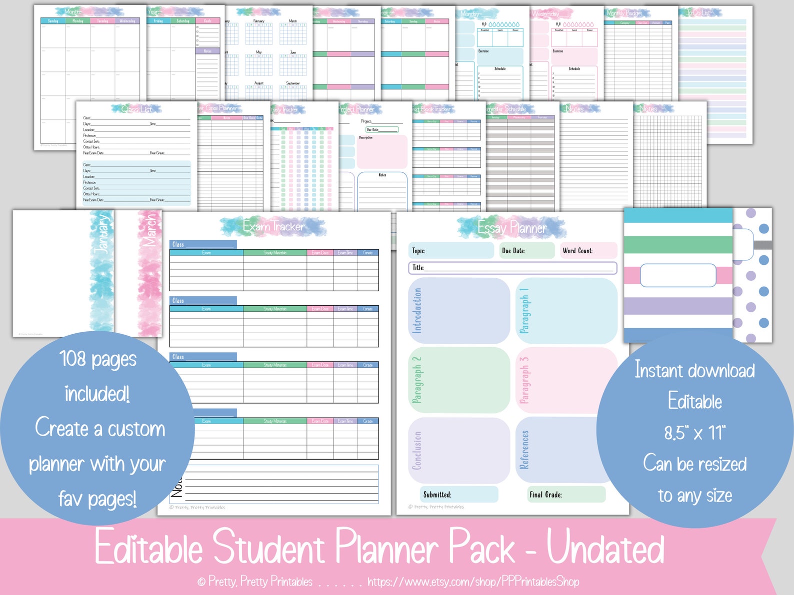 Undated Student Planner Pack - Printable & Editable - Annual-monthly ...