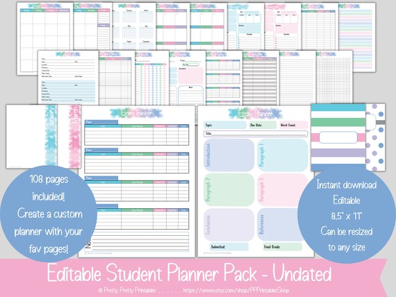 Undated Student Planner Pack Printable & Editable - Etsy