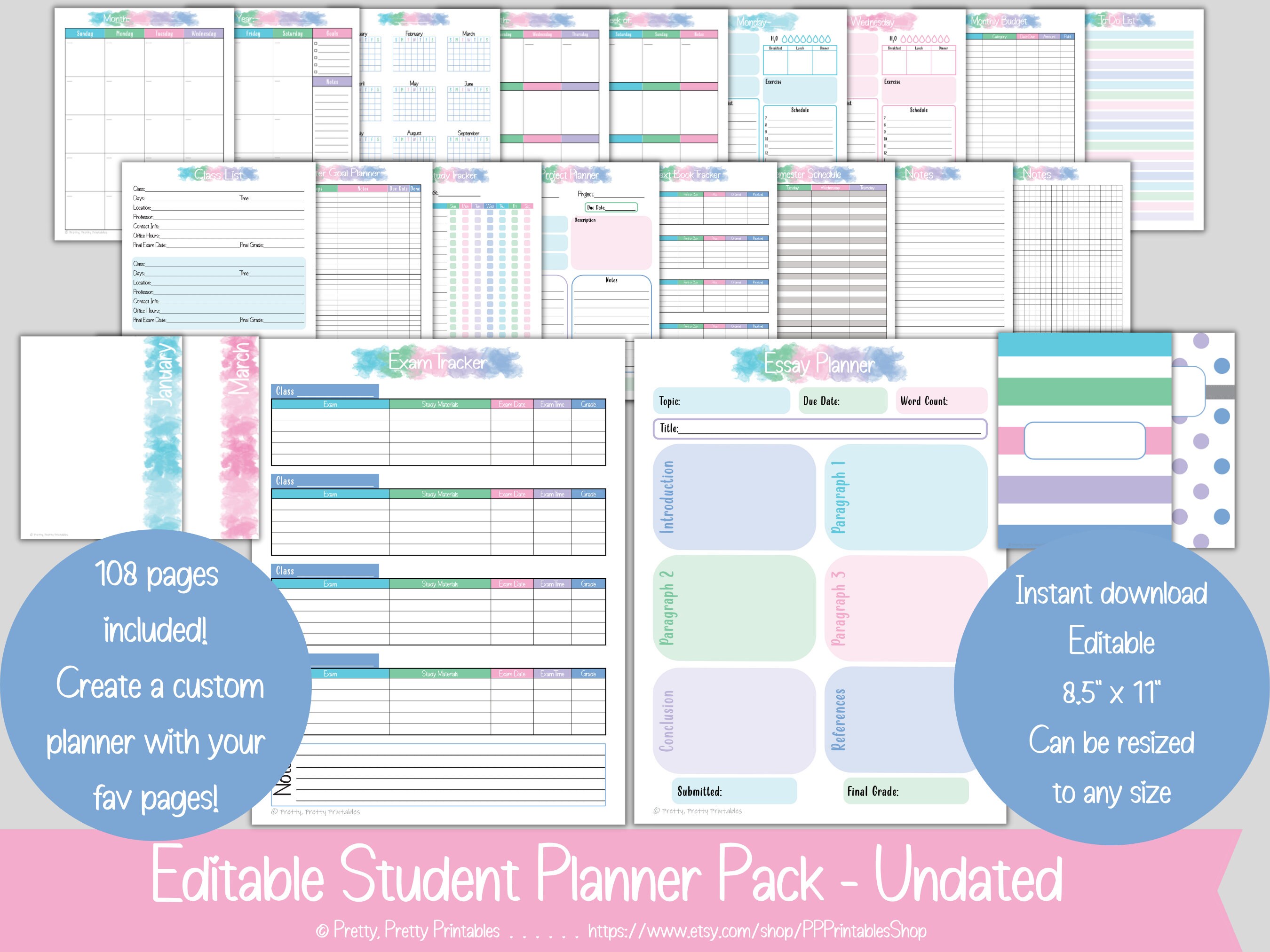 Undated Student Planner Pack - Printable & Editable - Annual-monthly ...