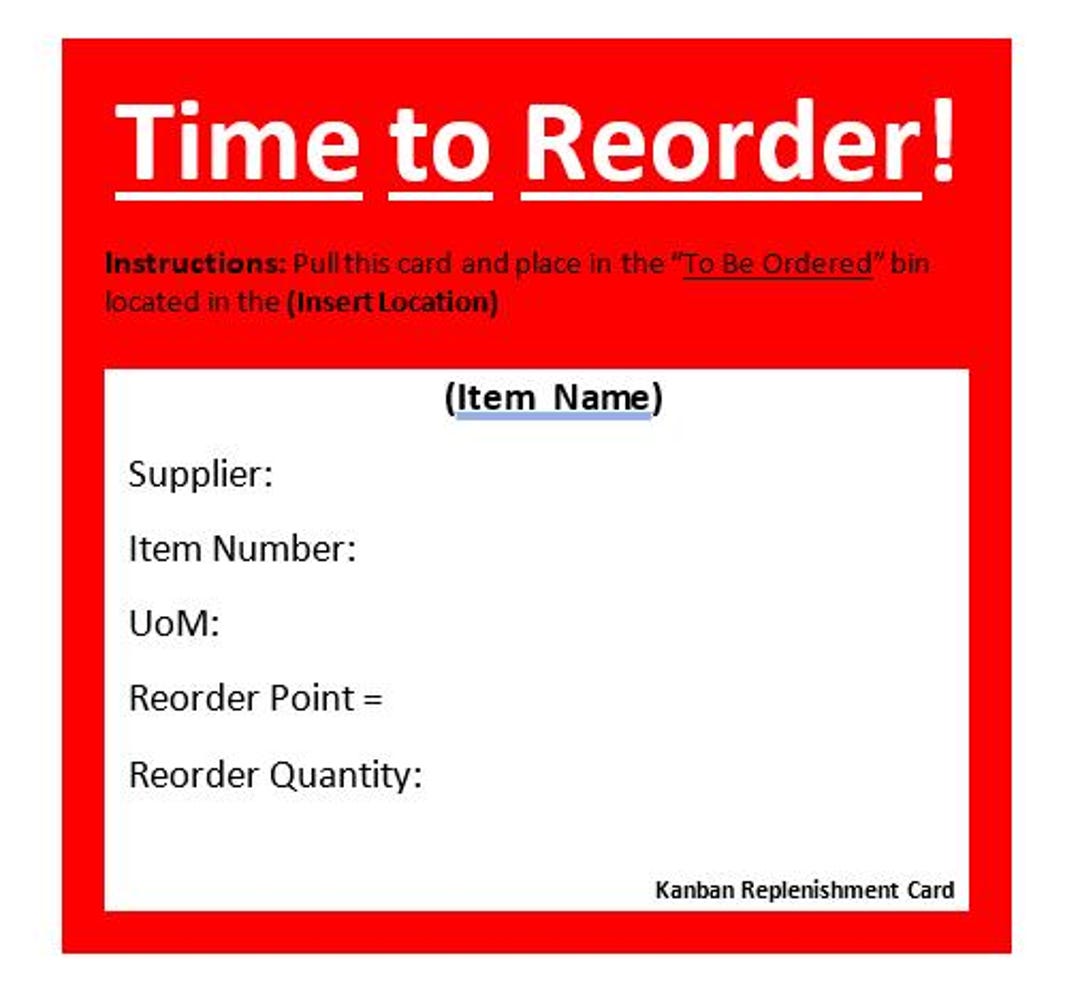 KANBAN Replenishment Card (small) - 5s Standardization - Blank Cards ...