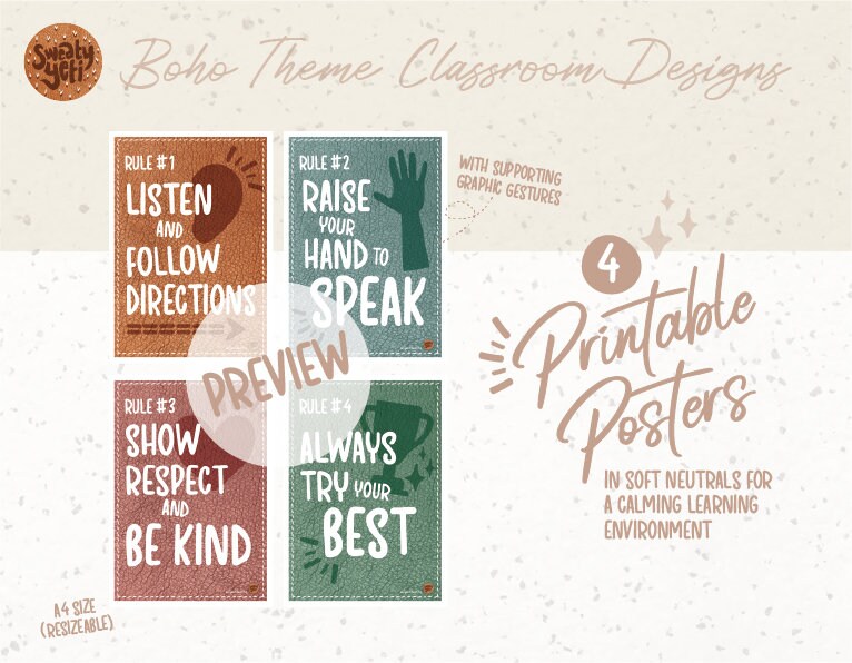 Boho Classroom Rules Posters - Modern Boho Theme Classroom Decor ...