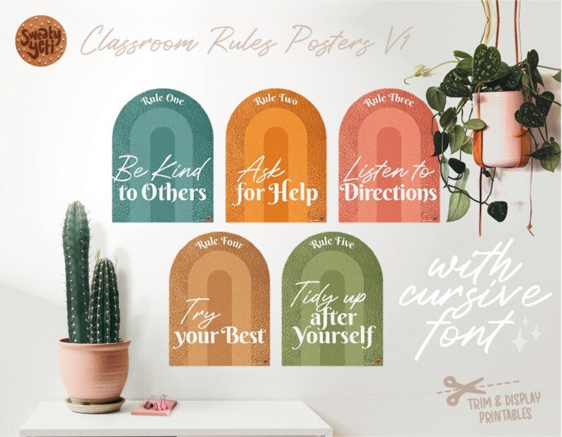 Boho Rainbow Classroom Rules Posters - Modern Boho Rainbow Theme ...