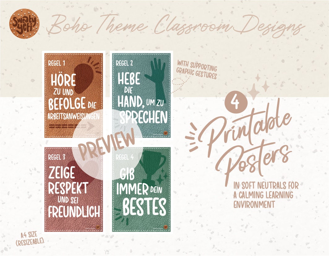 Boho Classroom Rules Posters in German Deutsche Language, Modern ...
