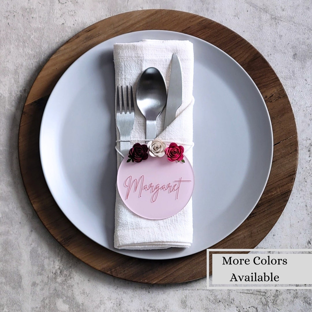 Custom Acrylic Name Place Setting Disc With Handmade Paper Flower Roses ...