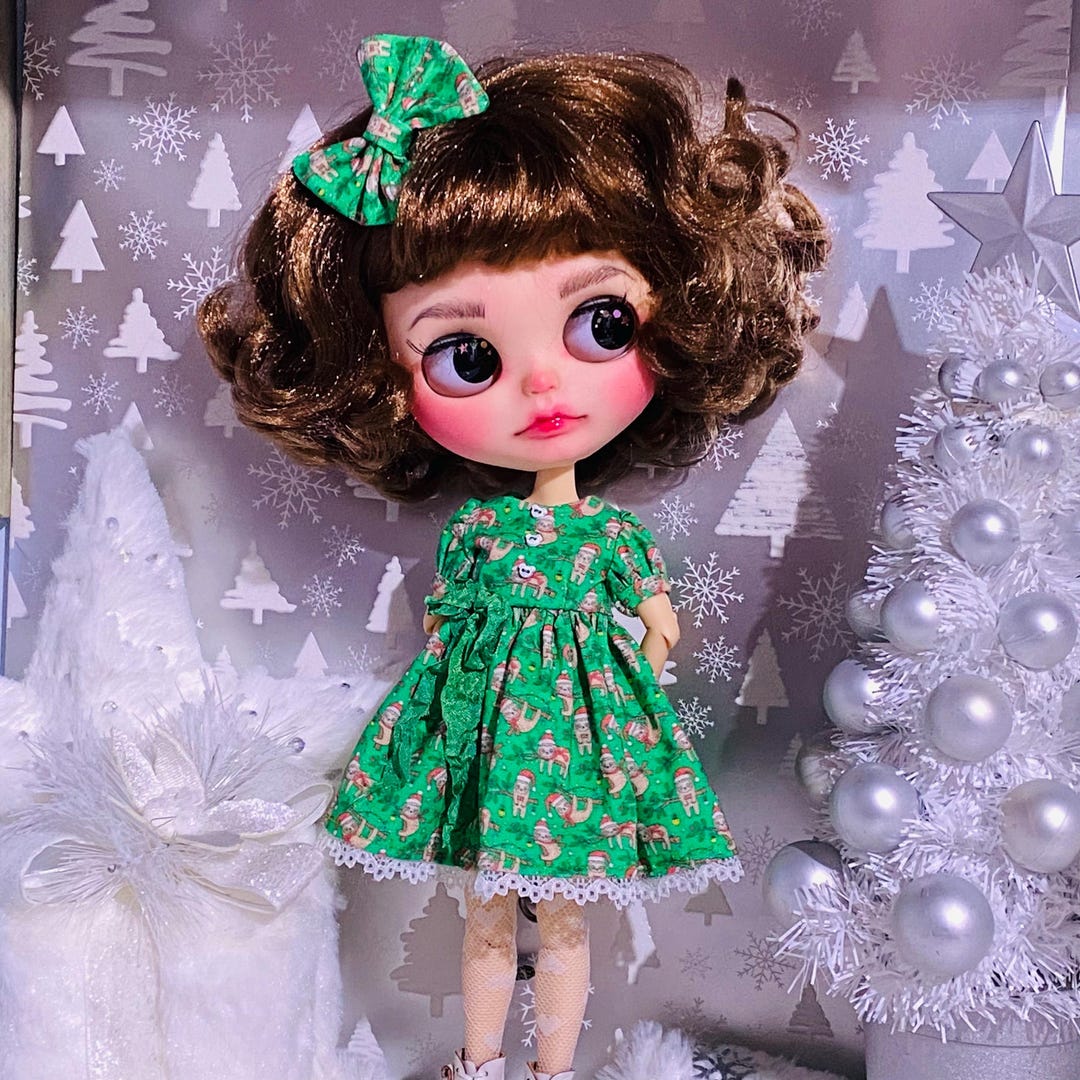 Blythe Doll Clothes Santa Sloths Dress & Hair Bow, Handmade, Blythe ...