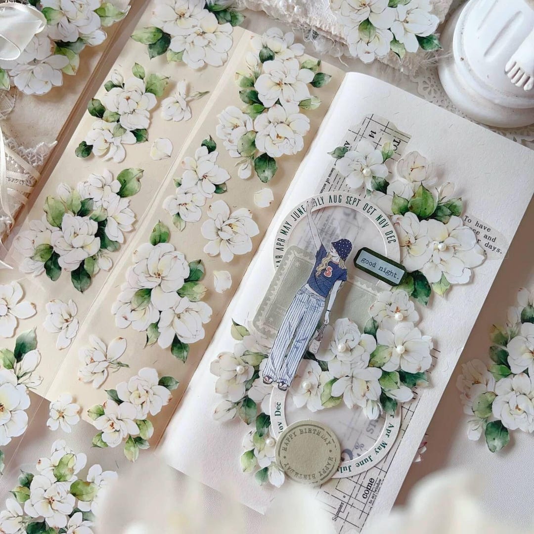 Sample/roll, Yier Studio White Jasmine Vintage Flower Tape, Journal ...